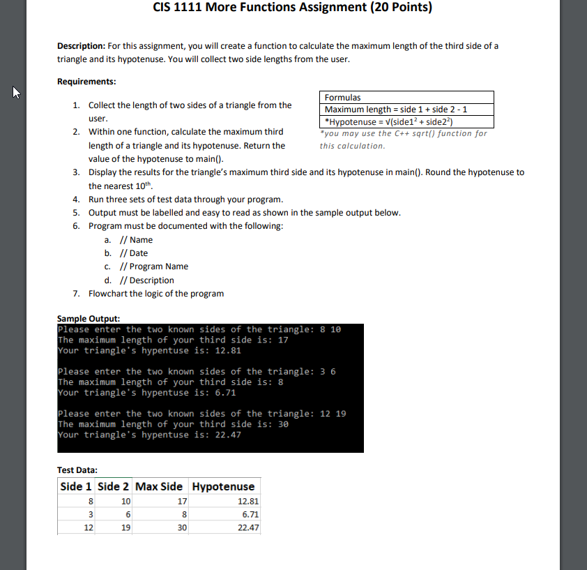 Solved CIS 1111 More Functions Assignment (20 points) | Chegg.com