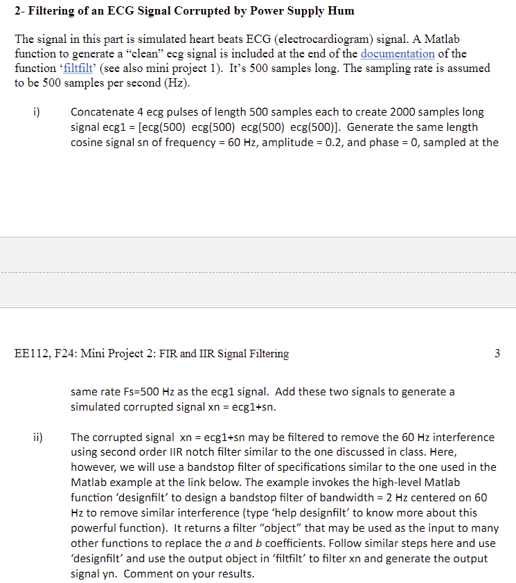 Solved 2- ﻿Filtering of an ECG Signal Corrupted by Power | Chegg.com
