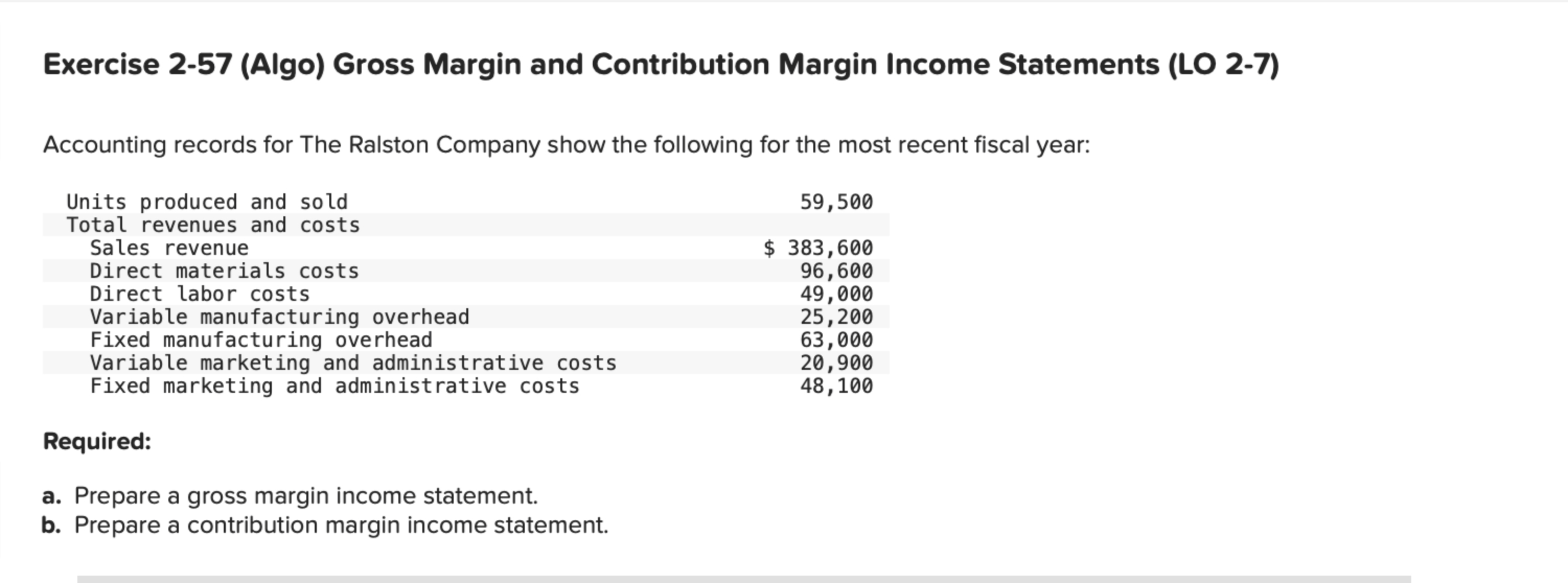 Exercise 2-57 (Algo) ﻿Gross Margin and Contribution | Chegg.com