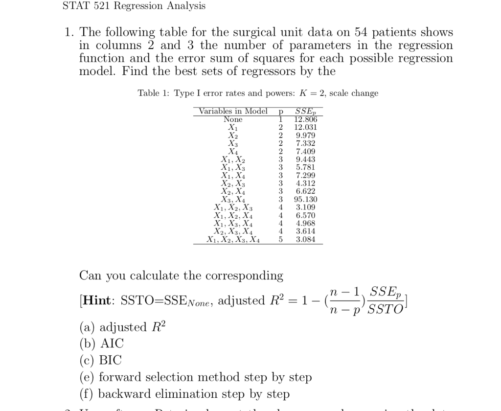 STAT 521 Regression Analysis 1. The following table | Chegg.com