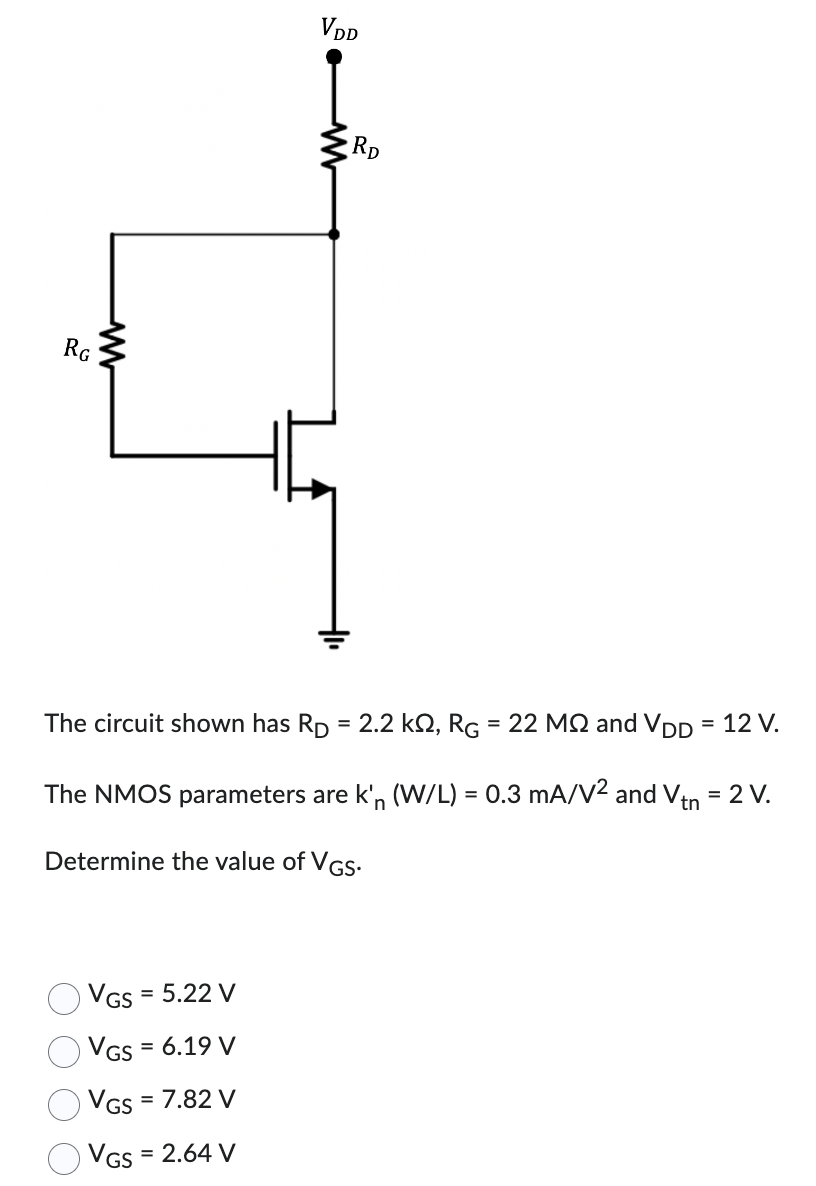 Solved The circuit shown has RD=2.2kΩ,RG=22MΩ and VDD=12 V | Chegg.com