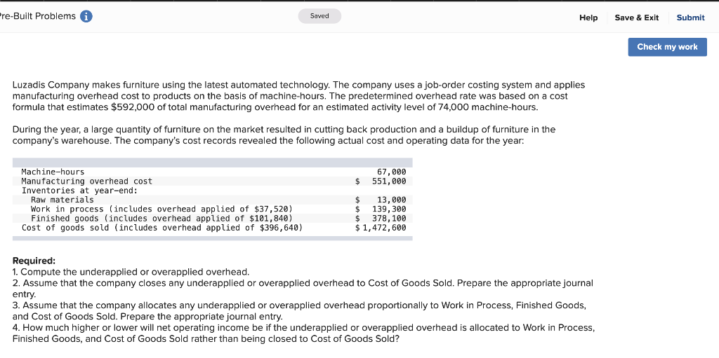 Solved Pre-Built Problems A Saved Help Save & Exit Submit | Chegg.com