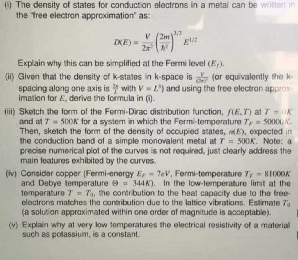Solved (0) The density of states for conduction electrons in | Chegg.com