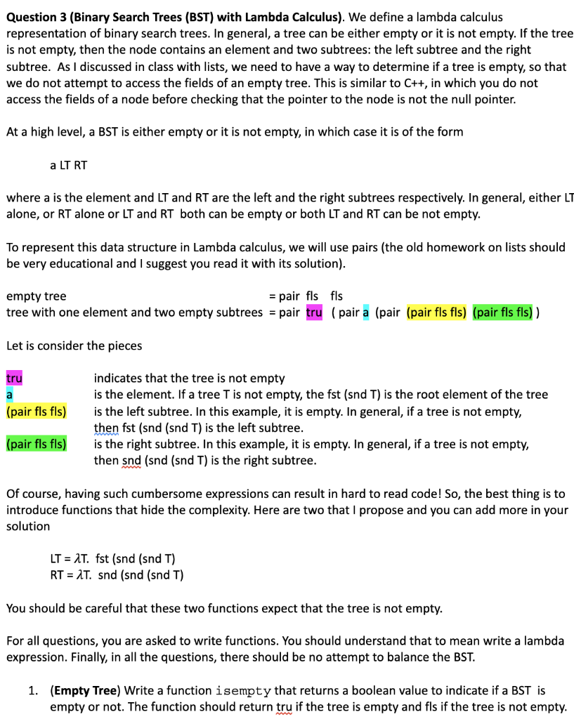 Question 3 (Binary Search Trees (BST) with Lambda | Chegg.com