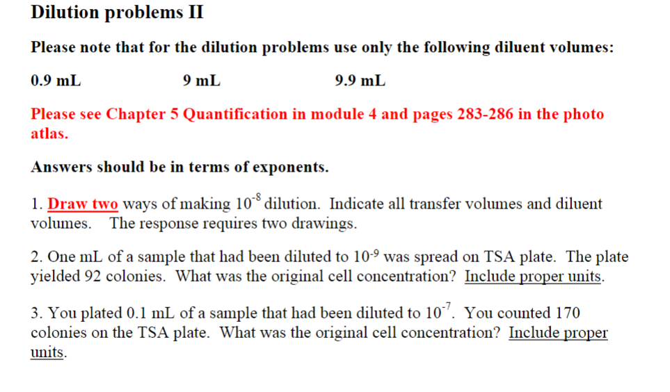 Solved Dilution problems II Please note that for the | Chegg.com