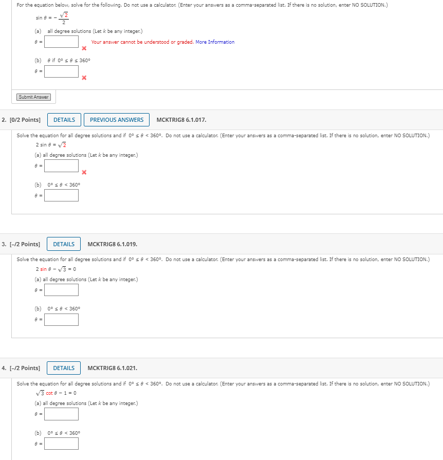 Solved sin =- For the equation below, solve for the | Chegg.com
