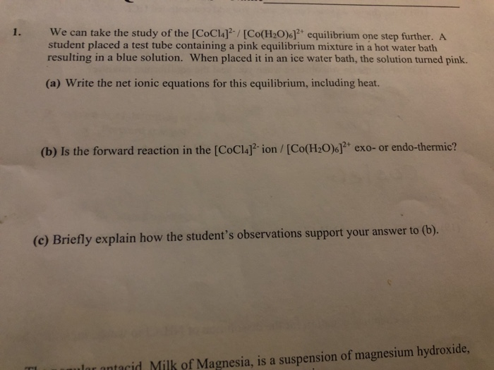 Solved 1. We can take the study of the [CoCl4]/[Co(H20) | Chegg.com
