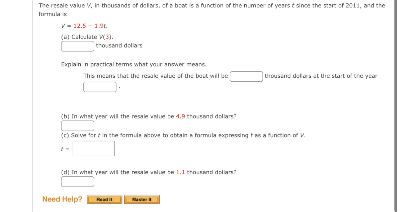 Solved The resale value V, ﻿in thousands of dollars, of a | Chegg.com