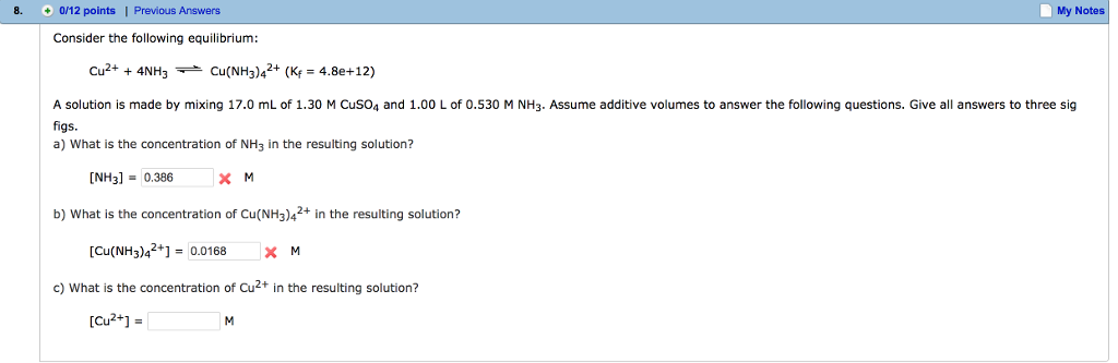 Solved Consider the following equilibrium: Cu2+ + 4NH3 | Chegg.com