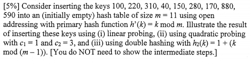 Solved [5%) Consider inserting the keys 100, 220, 310, 40, | Chegg.com