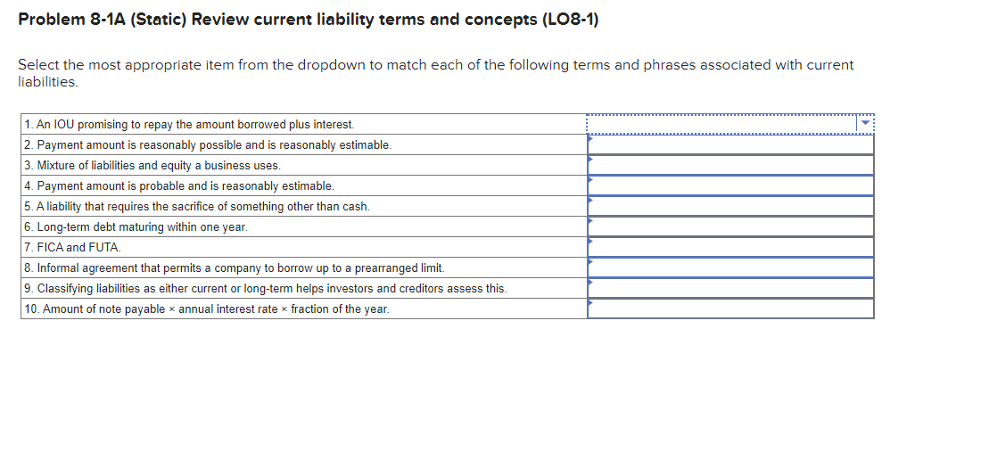Solved Problem 8-1A (Static) ﻿Review current liability terms | Chegg.com