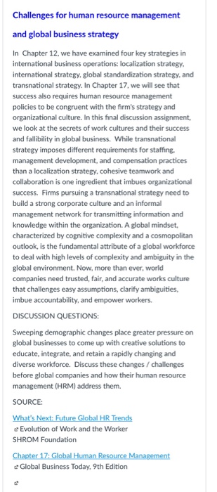 Solved Challenges for human resource management and global | Chegg.com