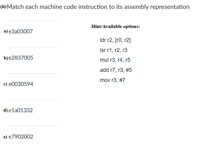 Solved (i) Match the assembly instruction to its machine | Chegg.com