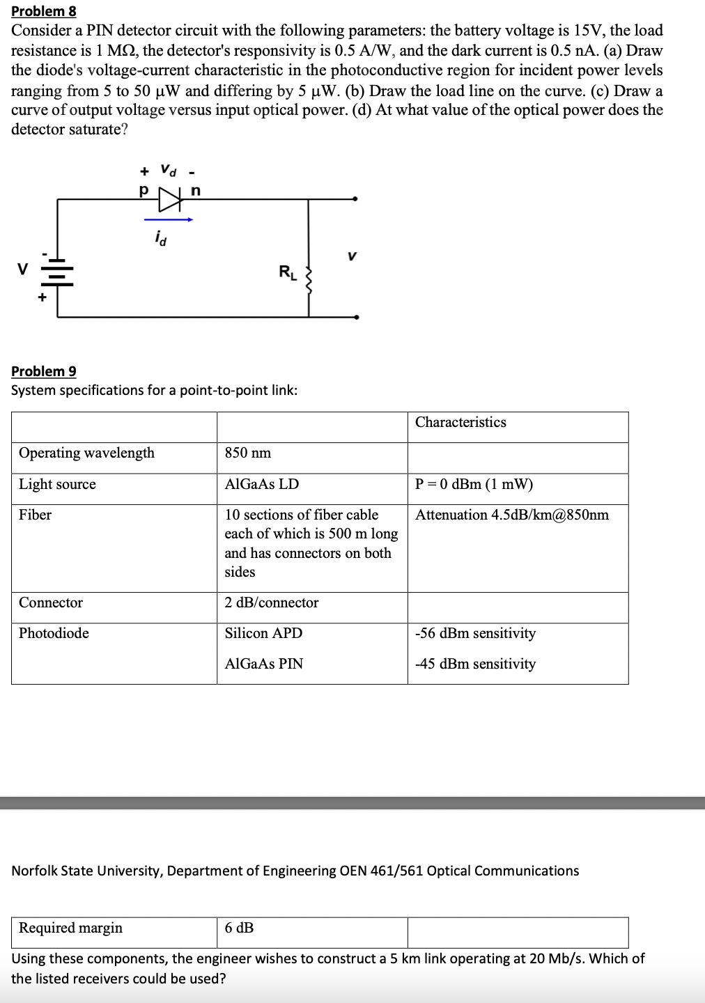 Solved Problem 8 Consider a PIN detector circuit with the | Chegg.com