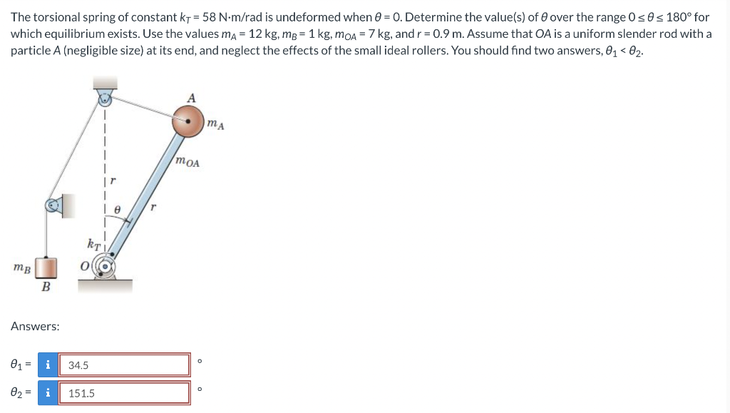 Solved The torsional spring of constant kT=58 N⋅m/rad is | Chegg.com