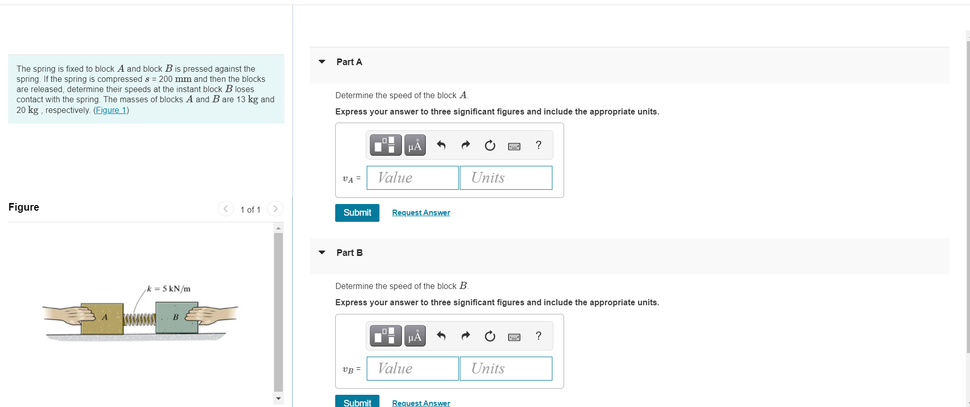 Solved Part A The spring is fixed to block A and block B is | Chegg.com