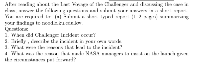 After reading about the Last Voyage of the Challenger | Chegg.com