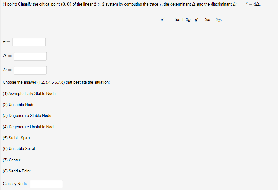Solved (1 point) Classify the critical point (0,0) of the | Chegg.com