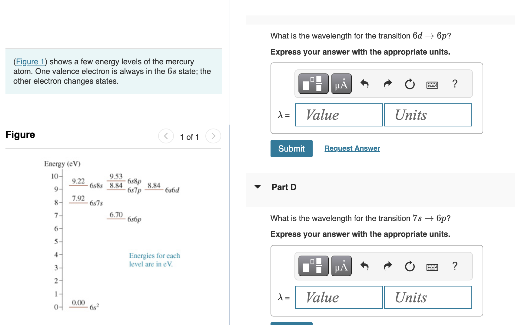 Solved (Figure 1) shows a few energy levels of the mercury | Chegg.com