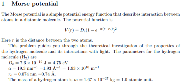 Morse potential The Morse potential is a simple | Chegg.com