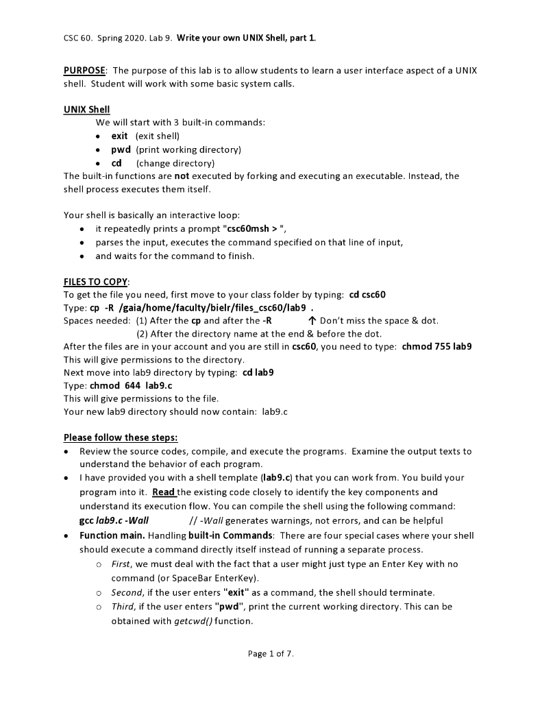 CSC 60. Spring 2020. Lab 9. Write your own UNIX | Chegg.com