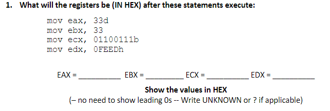 Solved What will the registers be (IN HEX) after these | Chegg.com