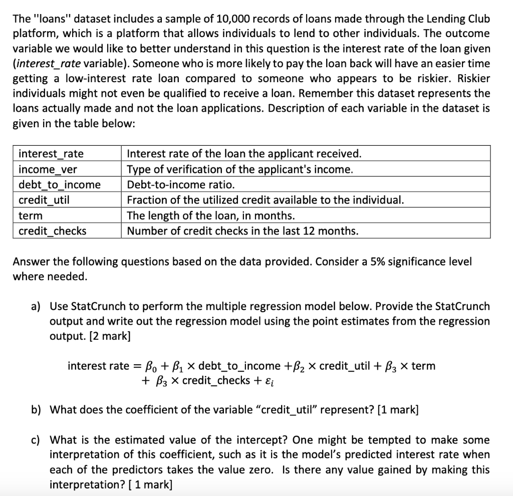 The "loans" dataset includes a sample of 10,000 | Chegg.com
