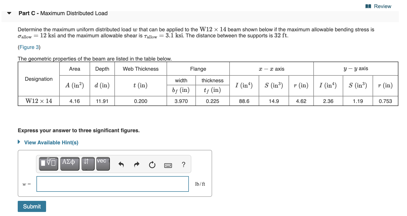 Solved A Review Part C-Maximum Distributed Load Determine | Chegg.com