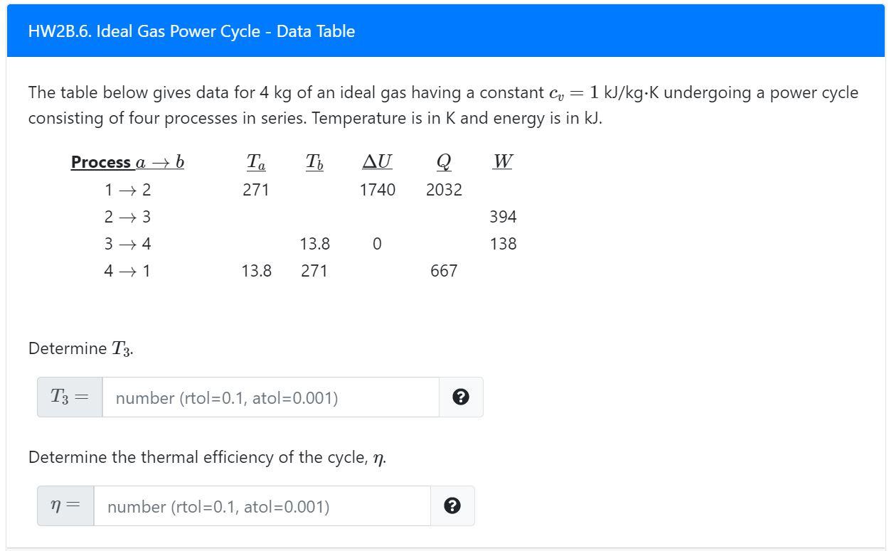 Solved HW2B.6. Ideal Gas Power Cycle - Data Table The table | Chegg.com