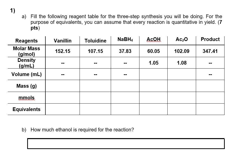 Solved 1) a) Fill the following reagent table for the | Chegg.com