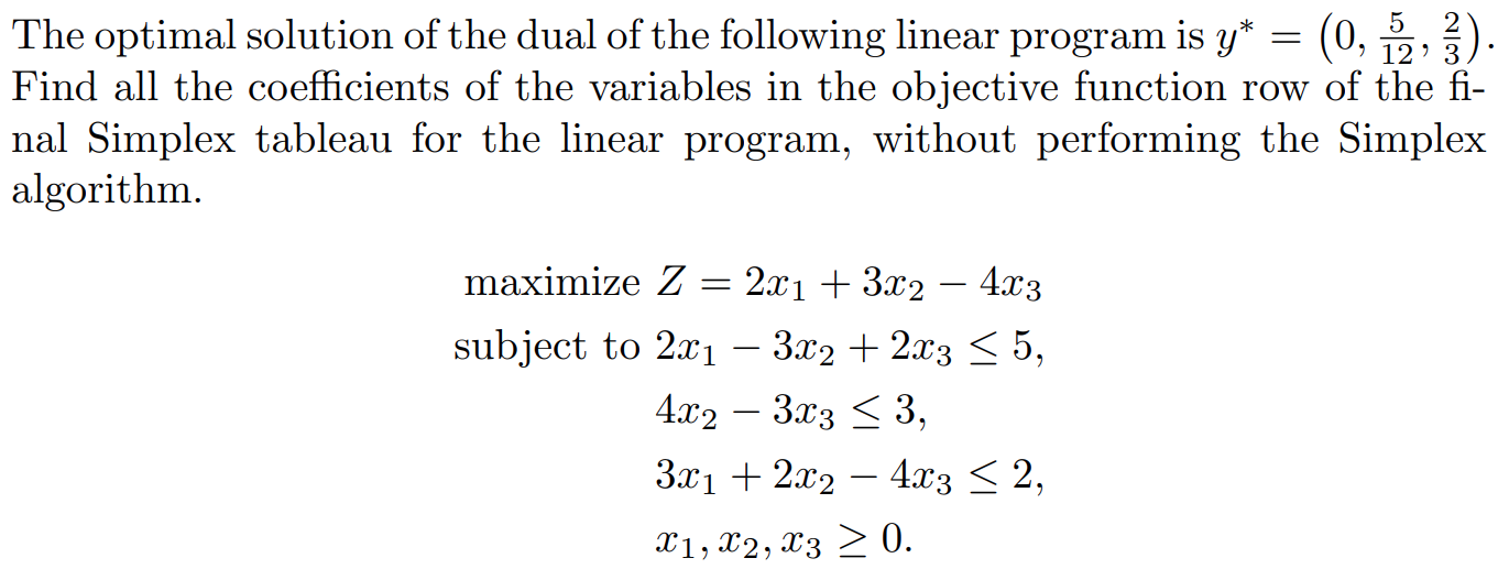 Solved The optimal solution of ﻿the dual of ﻿the following | Chegg.com