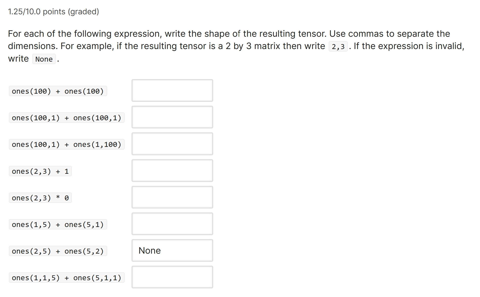 Solved 1.25/10.0 points (graded) For each of the following | Chegg.com