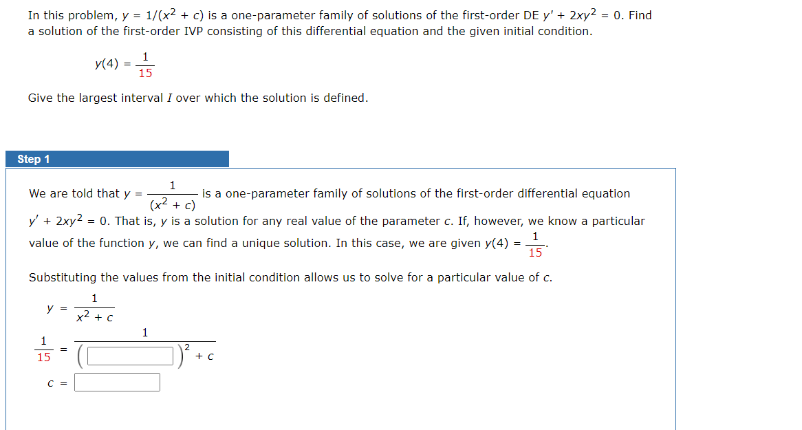 Solved In this problem, y = 1/(x2 + c) is a one-parameter | Chegg.com