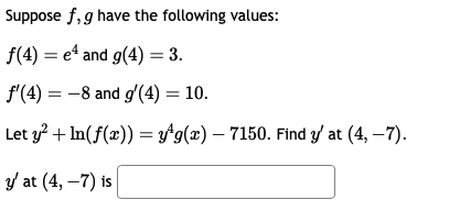 Solved Suppose f,g have the following values: f(4)=e4 and | Chegg.com