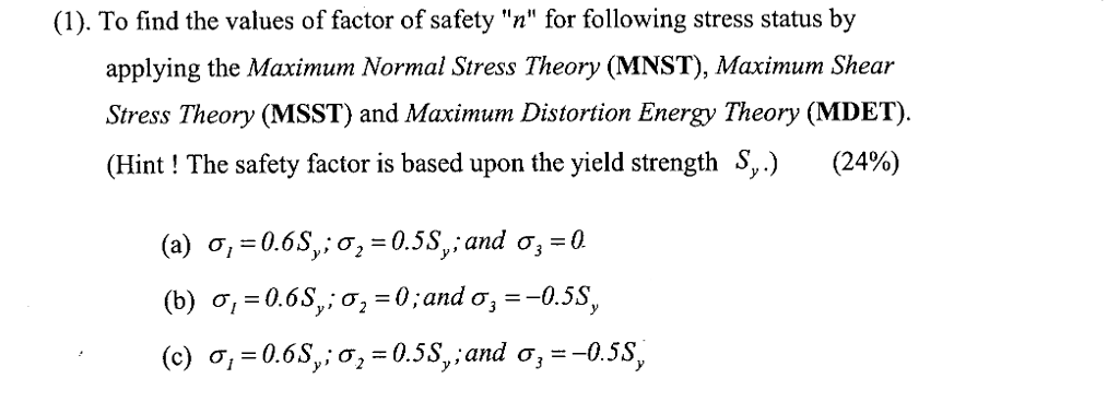 Solved (1). To find the values of factor of safety "n" for | Chegg.com