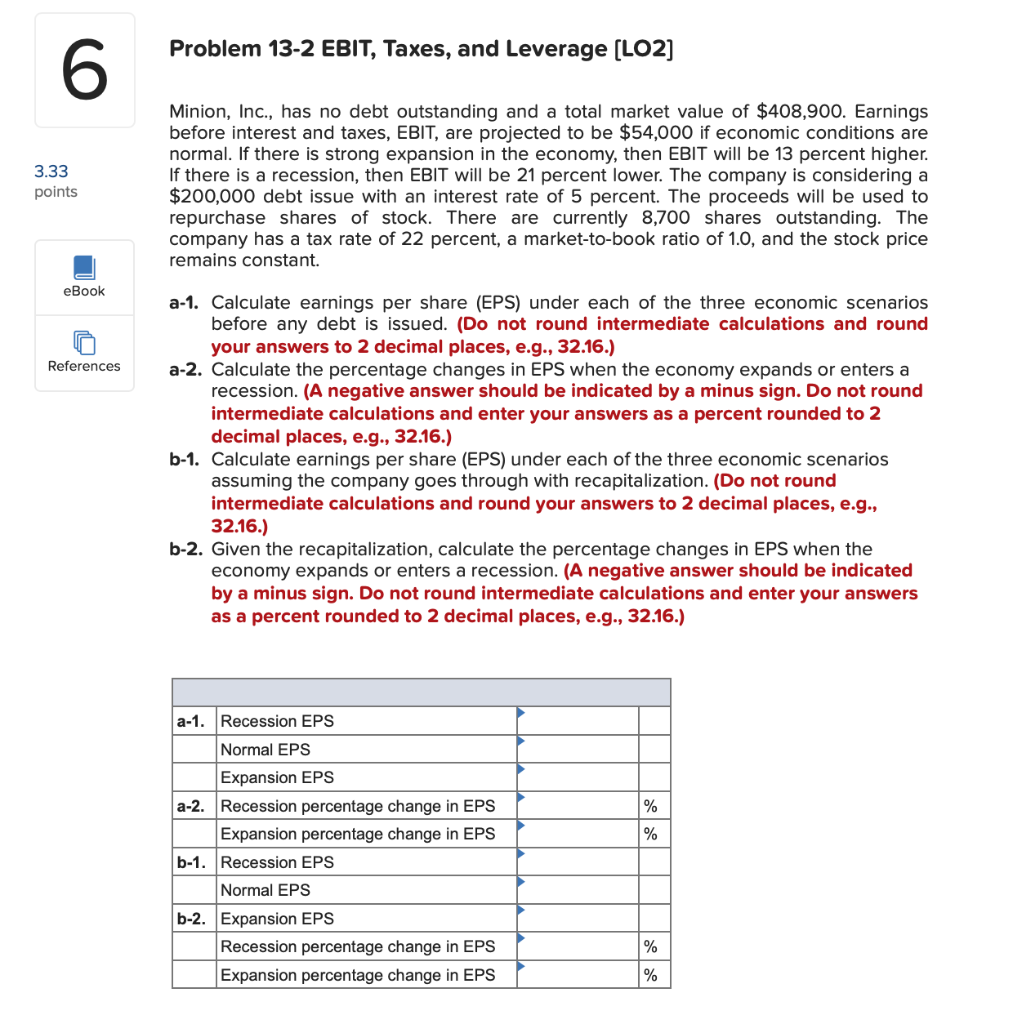 Solved Problem 13-2 EBIT, Taxes, and Leverage (L02] 3.33 | Chegg.com