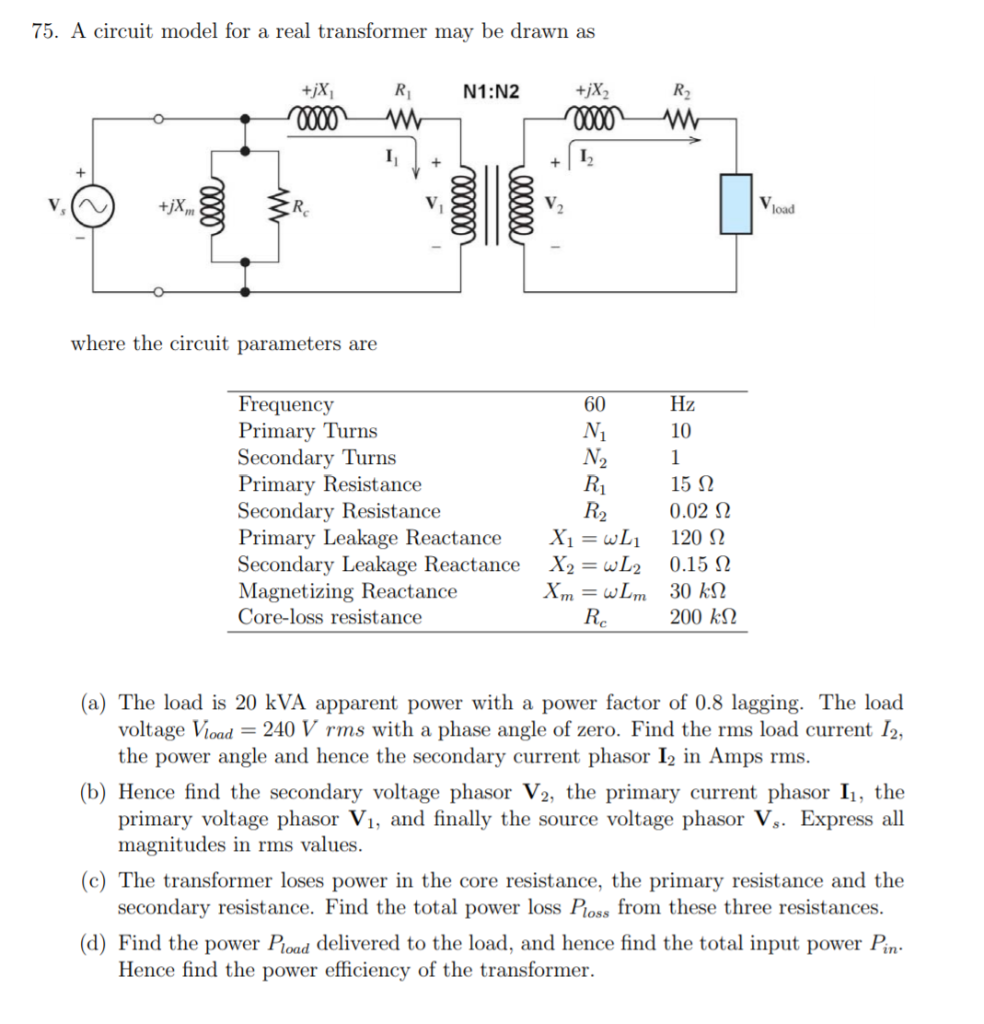 Solved 75. A circuit model for a real transformer may be | Chegg.com