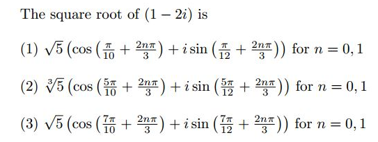 Solved The square root of (1 – 2i) is 2n 3 2nn (1) V5 (cos | Chegg.com