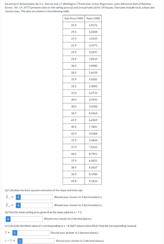 Solved An article in Technometrics by S. C. Narula and J. F. | Chegg.com