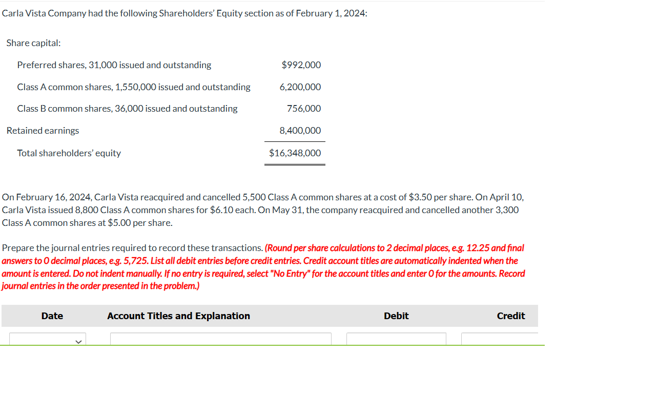 Solved Carla Vista Company had the following Shareholders' | Chegg.com