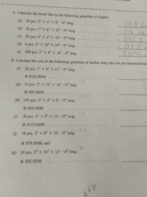Solved A. Calculate the board feet in the following | Chegg.com
