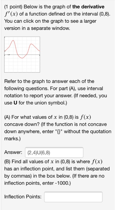 Solved Find all values of 𝑥 in (0,8) is where 𝑓(𝑥) has an | Chegg.com