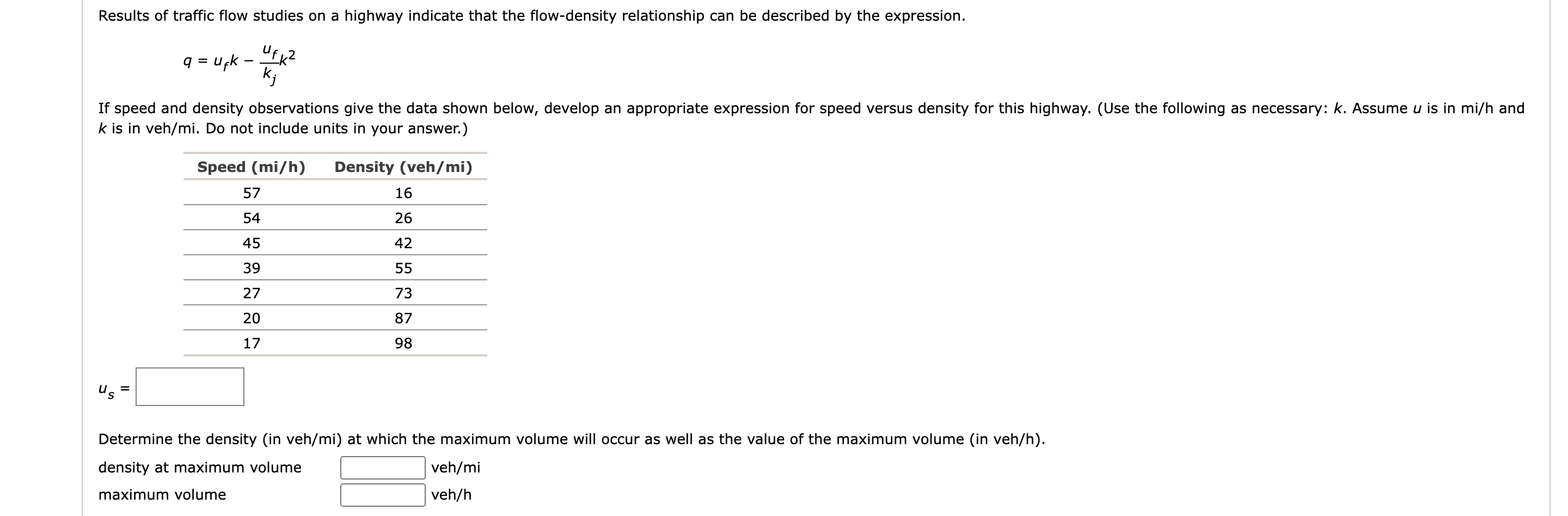 Solved q=ufk−kjufk2 If speed and density observations give | Chegg.com