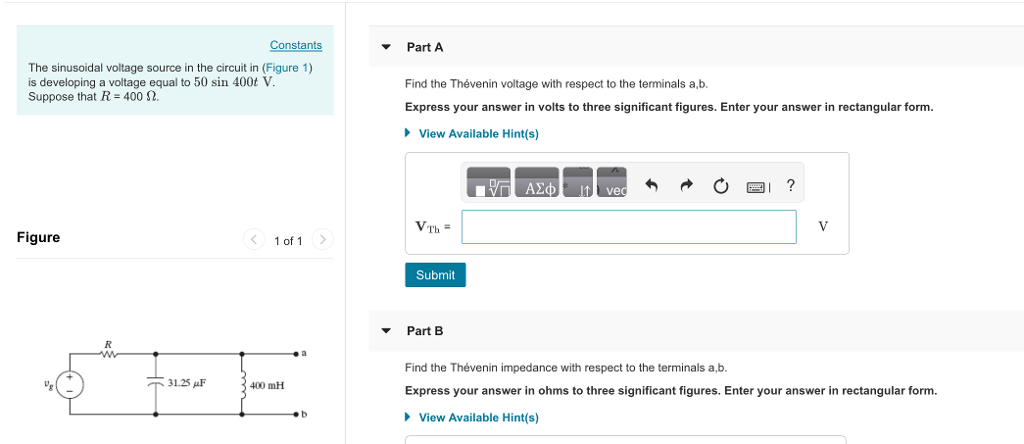 Solved Constants Part A The sinusoidal voltage source in the | Chegg.com