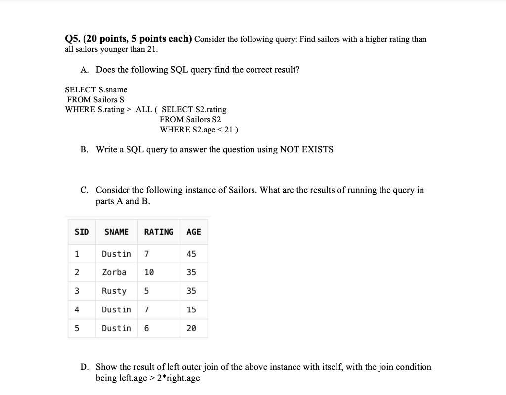 Solved Q5. (20 points, 5 points each) Consider the following | Chegg.com