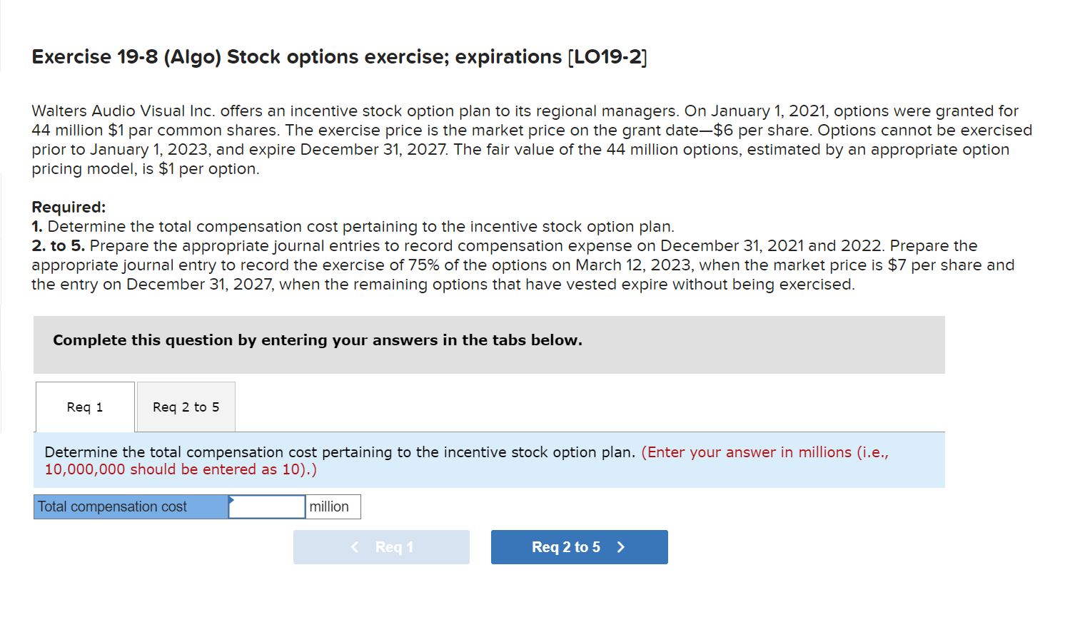 Solved Exercise 19-8 (Algo) Stock options exercise; | Chegg.com