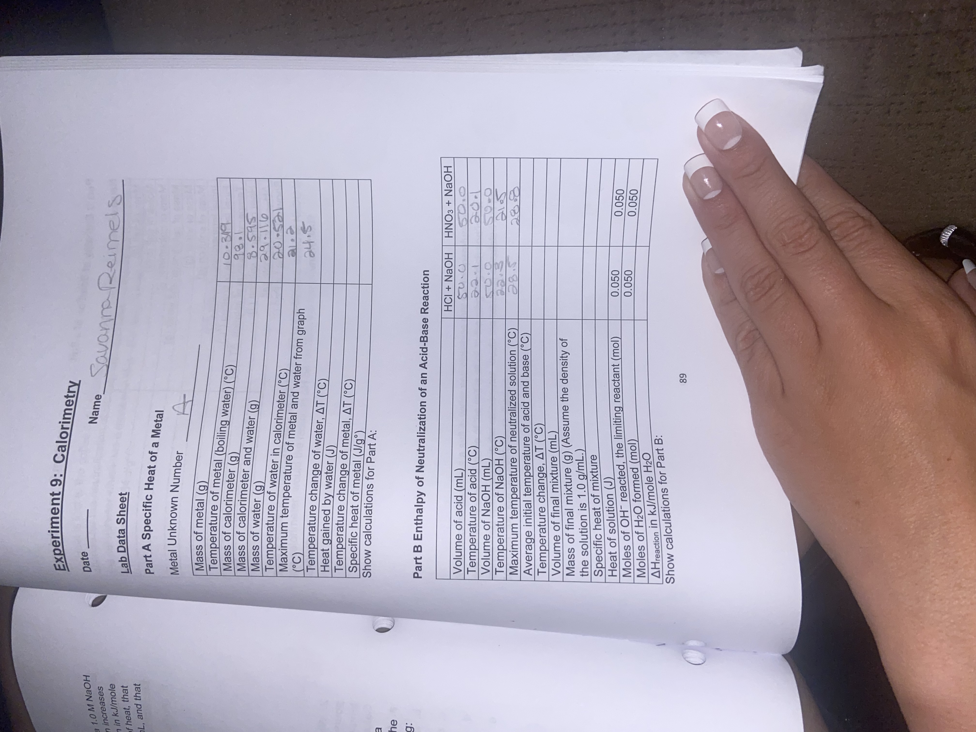 Solved Experiment 9: CalorimetryDate q, ﻿Name q, ﻿Lab Data | Chegg.com
