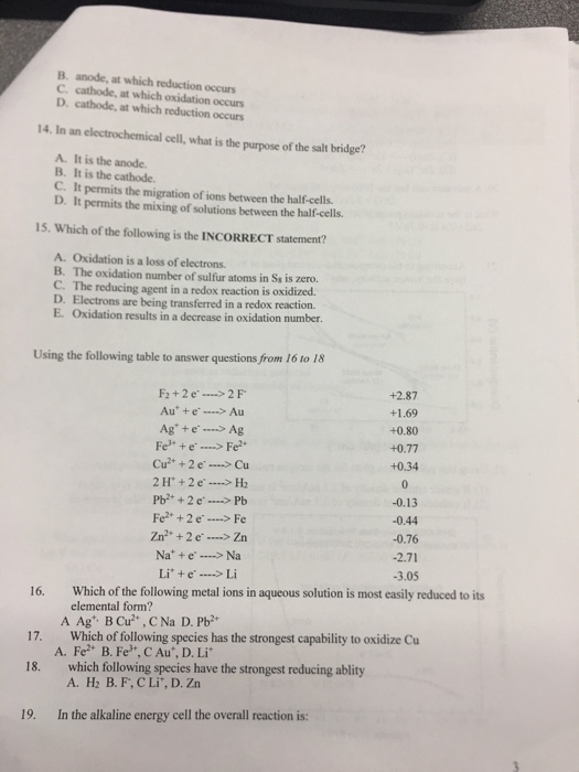 Solved B. anode, at which reduction occurs C、 cathode, at | Chegg.com