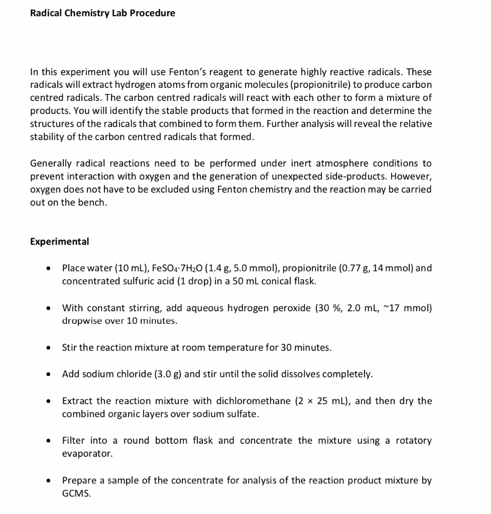 Solved Radical Chemistry Lab Procedure In this experiment | Chegg.com