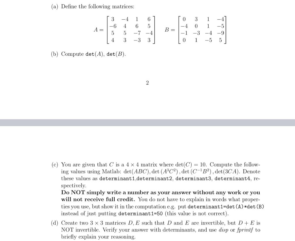 Solved (a) Define the following matrices: | Chegg.com